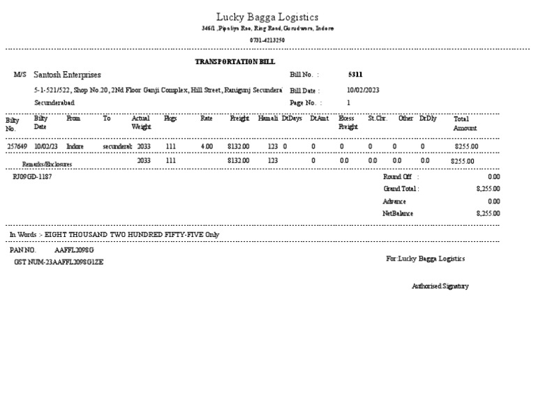 Santosh Enterprises: Transportation Bill | PDF | Logistics
