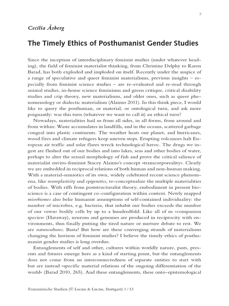 The Timely Ethics of Posthumanist Gender Studies: Cecilia Åsberg | PDF | Posthuman ...
