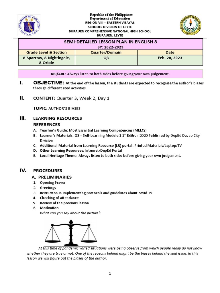 English 8 Lesson Plan on Author Biases | PDF | Bias | Lesson Plan