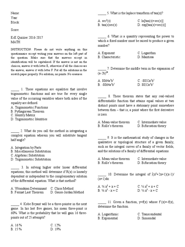 Ece Math Board Exam PDF Free | PDF | Circle | Sphere