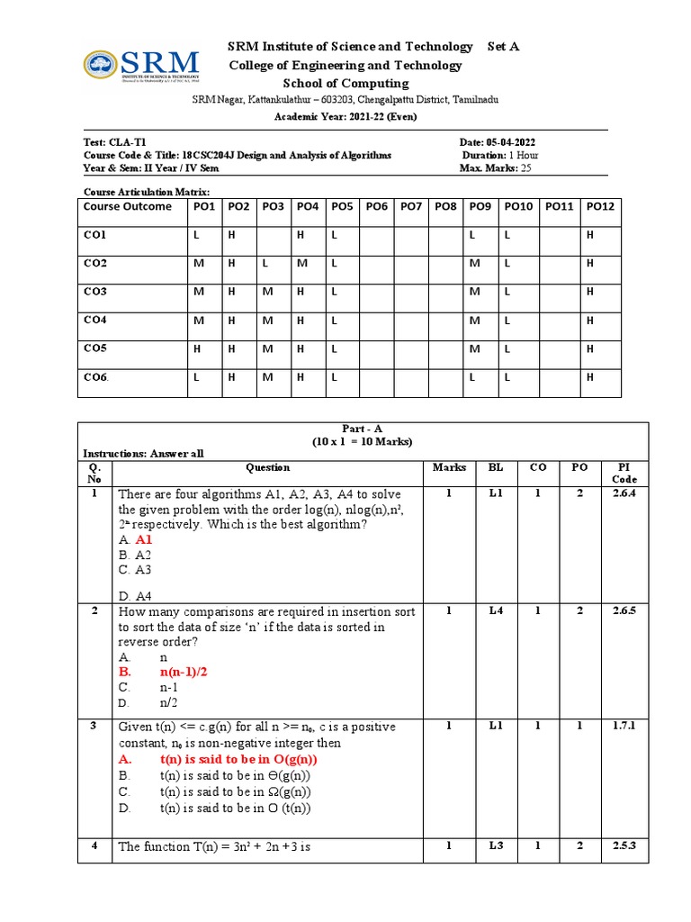 SRM Institute of Science and Technology Set A College of Engineering ...