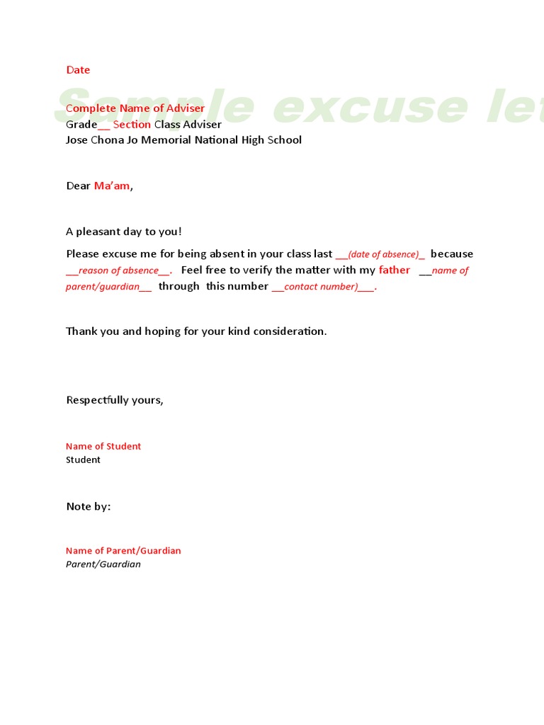 Sample Excuse Letter for Absence | PDF | Wellness