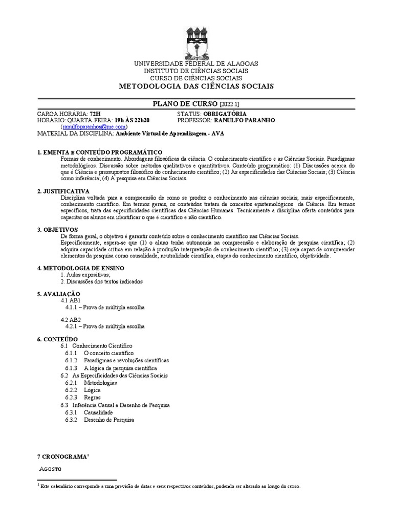 Programa Da Disciplina | PDF | Sociologia | Science