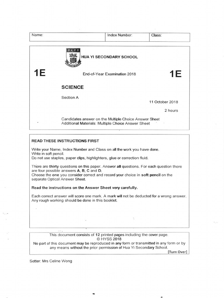 Sec 1 Science SA2 Hua Yi Sec 2018 | PDF | Steel | Stainless Steel
