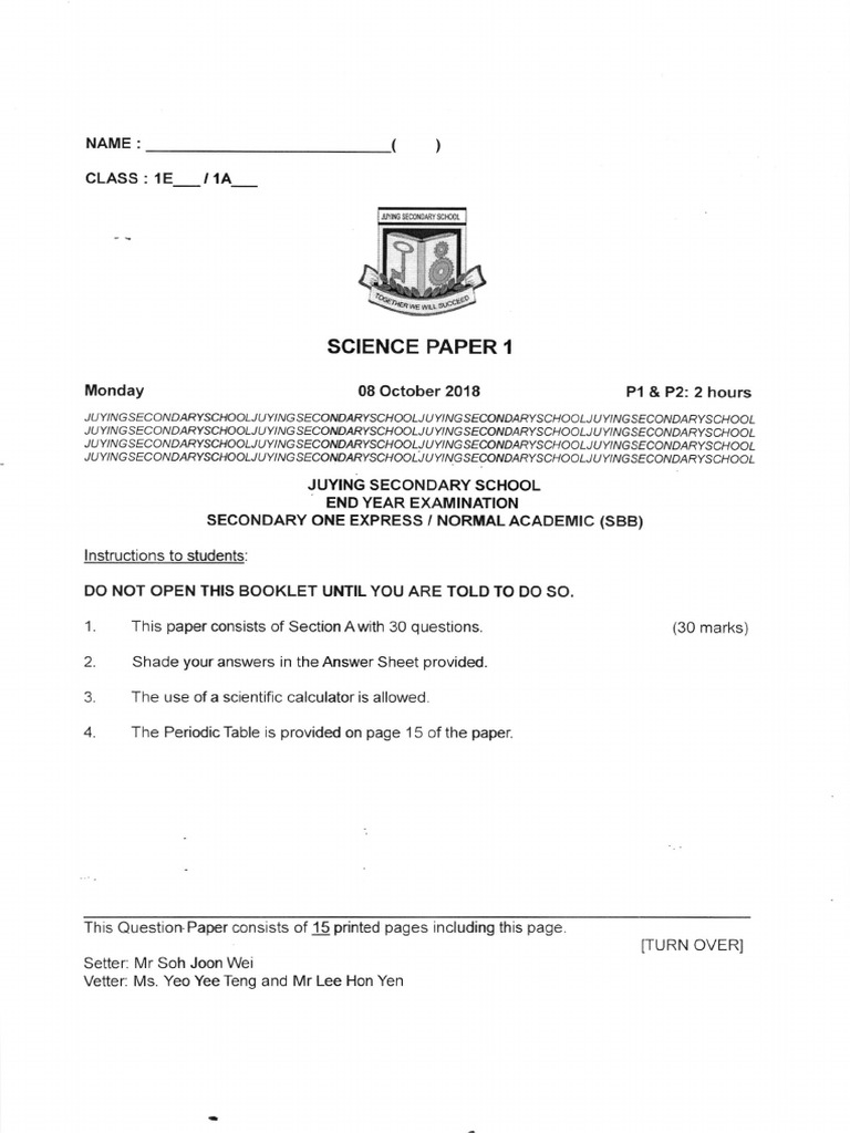 Sec 1 Science SA2 Juying Sec 2018 | PDF | Solubility | Crystallization