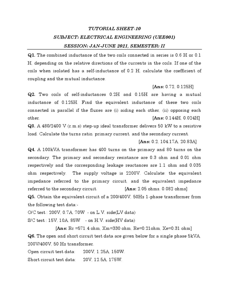 Electrical Engineering Tutorial Sheet with Transformer Questions | PDF