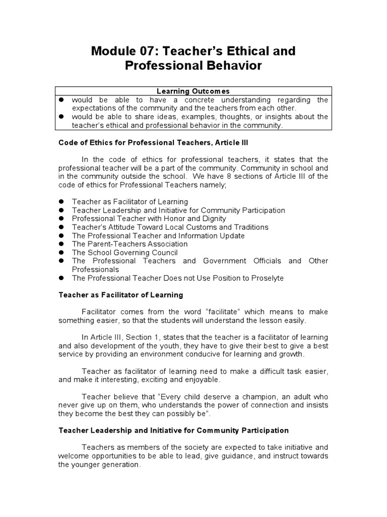 Teacher's Ethical and Professional Behavior | PDF | Teachers | Learning