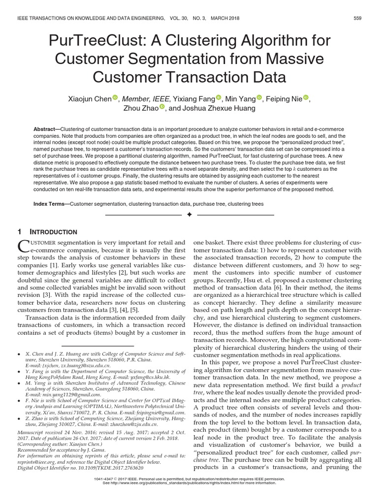Tkde2017 Purtreeclust A Clustering Algorithm For Customer Segmentation From Massive Customer
