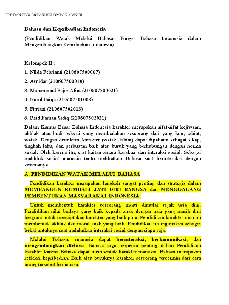 TUGAS PPT KLP MK BI - Bahasa Dan Kepribadian Indonesia | PDF | Karier & Perkembangan