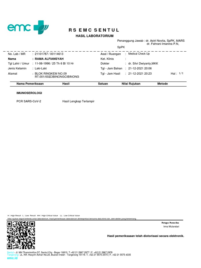 Rs Emc Sentul: Hasil Laboratorium | PDF