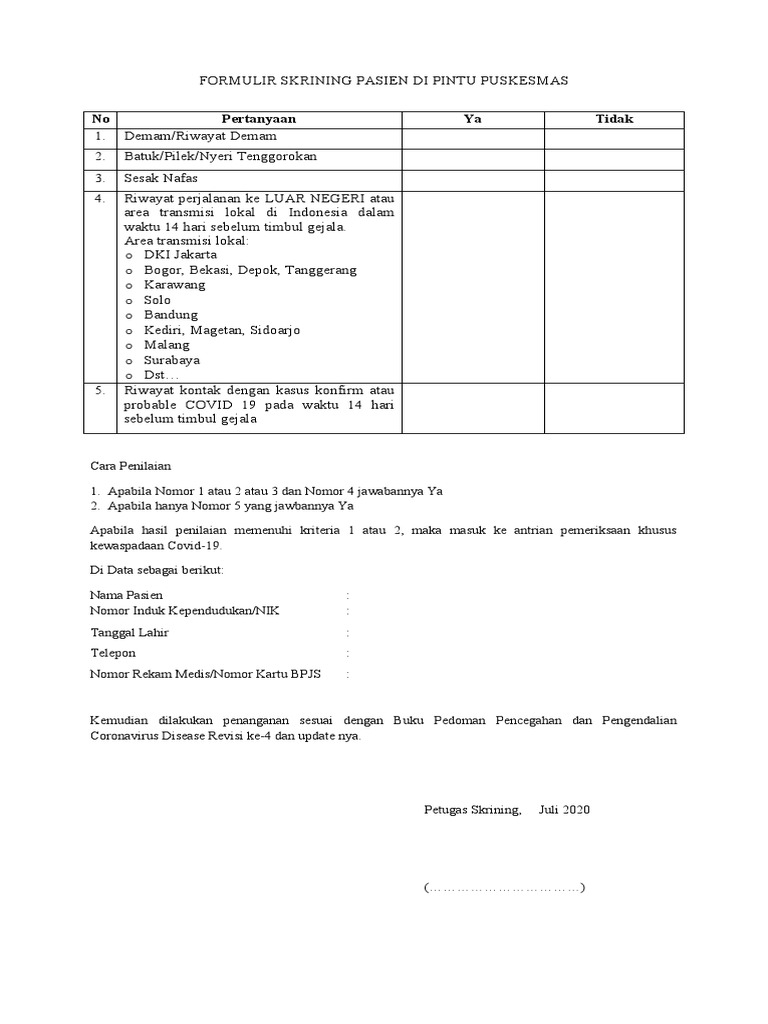 Formulir Skrining Pasien Di Pintu Puskesmas | PDF