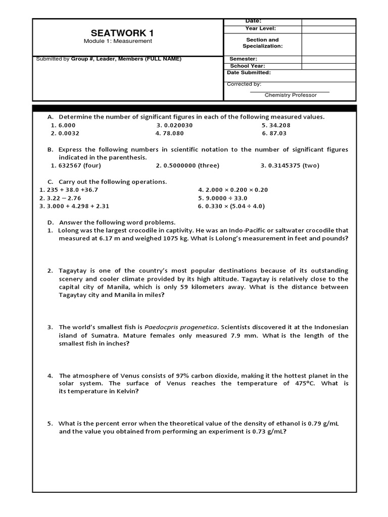 (SEATWORK) SW#1 Measurement | PDF | Venus | Significant Figures