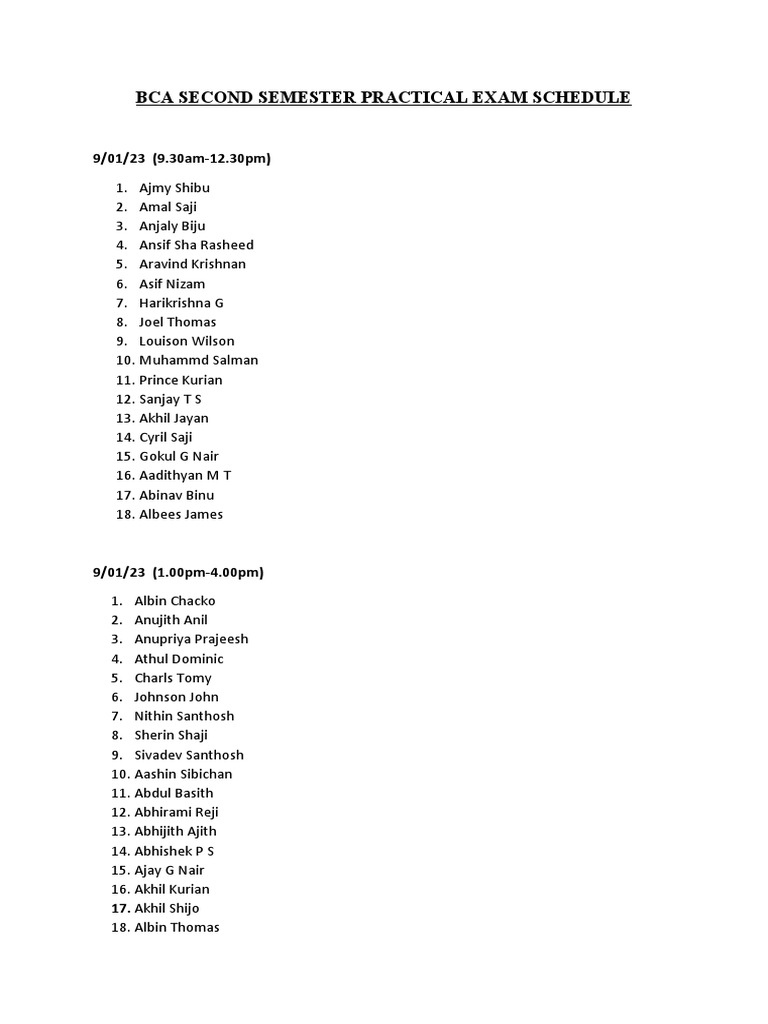 Bca Second Semester Practical Exam Schedule | PDF