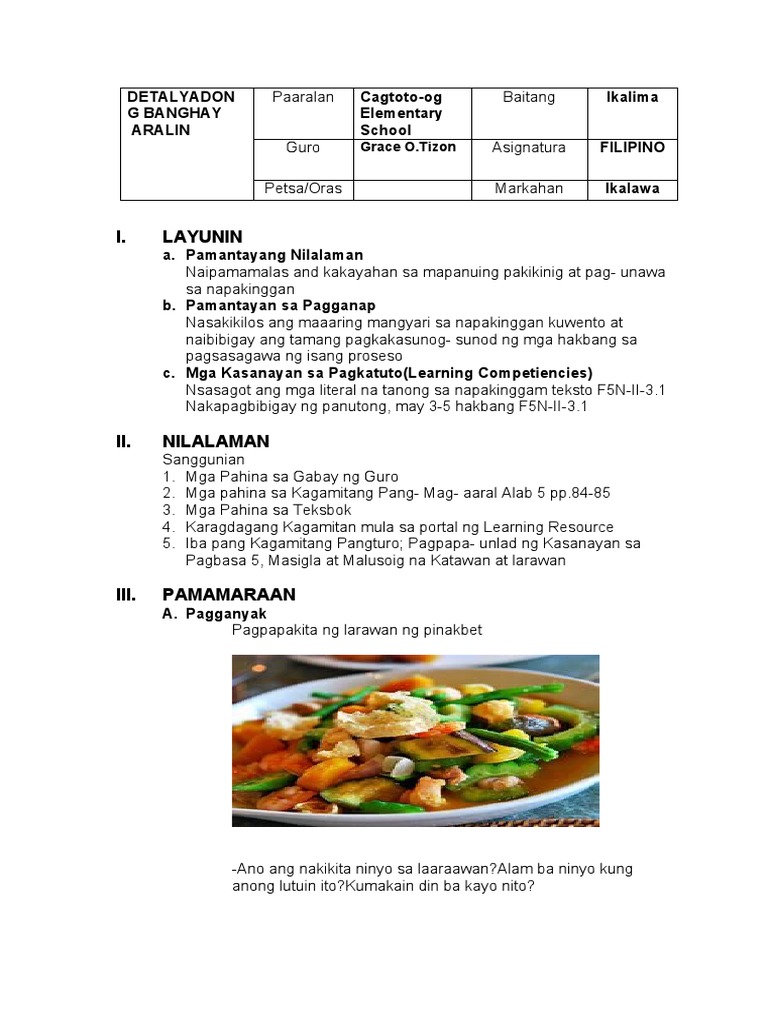 Detalyadong Banghay Filipino 5 | PDF