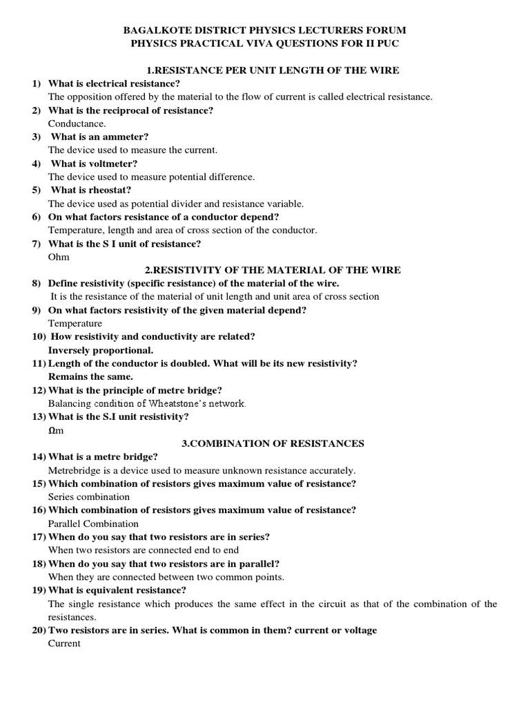 Practical Viva Questions For Puc 2 - 2022 | PDF | Electrical Resistance And Conductance | P–N ...