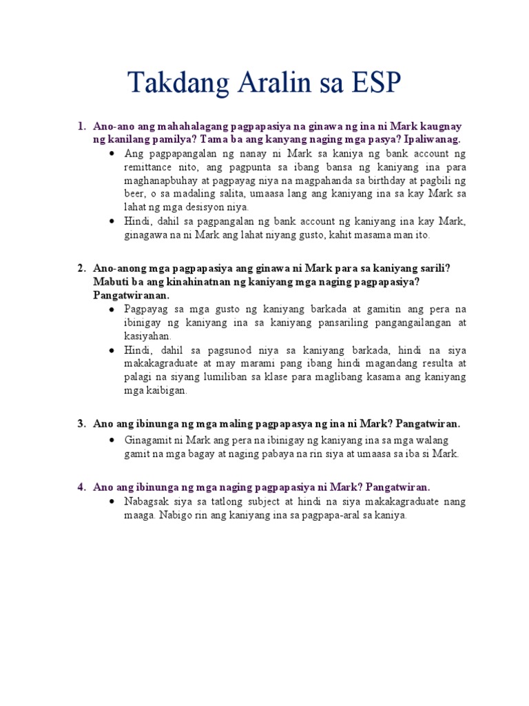 Takdang Aralin Sa Esp 7 | PDF