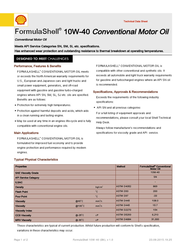 FormulaShell SAE 10W 40 Motor Oil Datasheet | PDF | Motor Oil ...