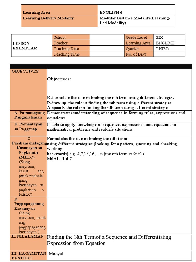 Cot MATH 6 Q3 W2 | PDF | Learning | Sequence Cot MATH 6 Q3 W2 | PDF | Learning | Sequence