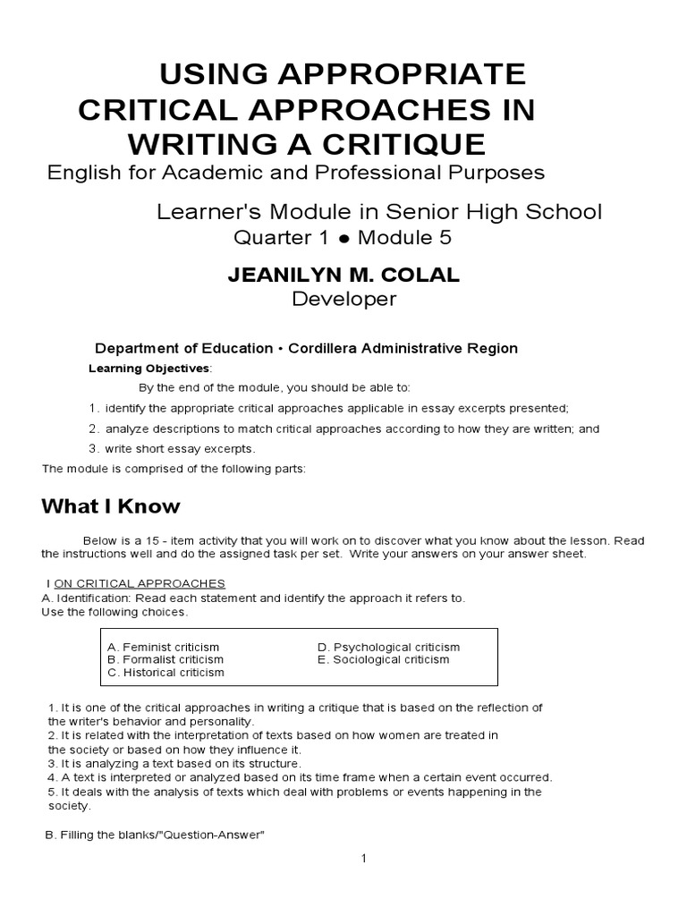 EAPP q1 Mod5 Critical Thinking Writing Jeanilyn Colal Bgo v2 | PDF ...