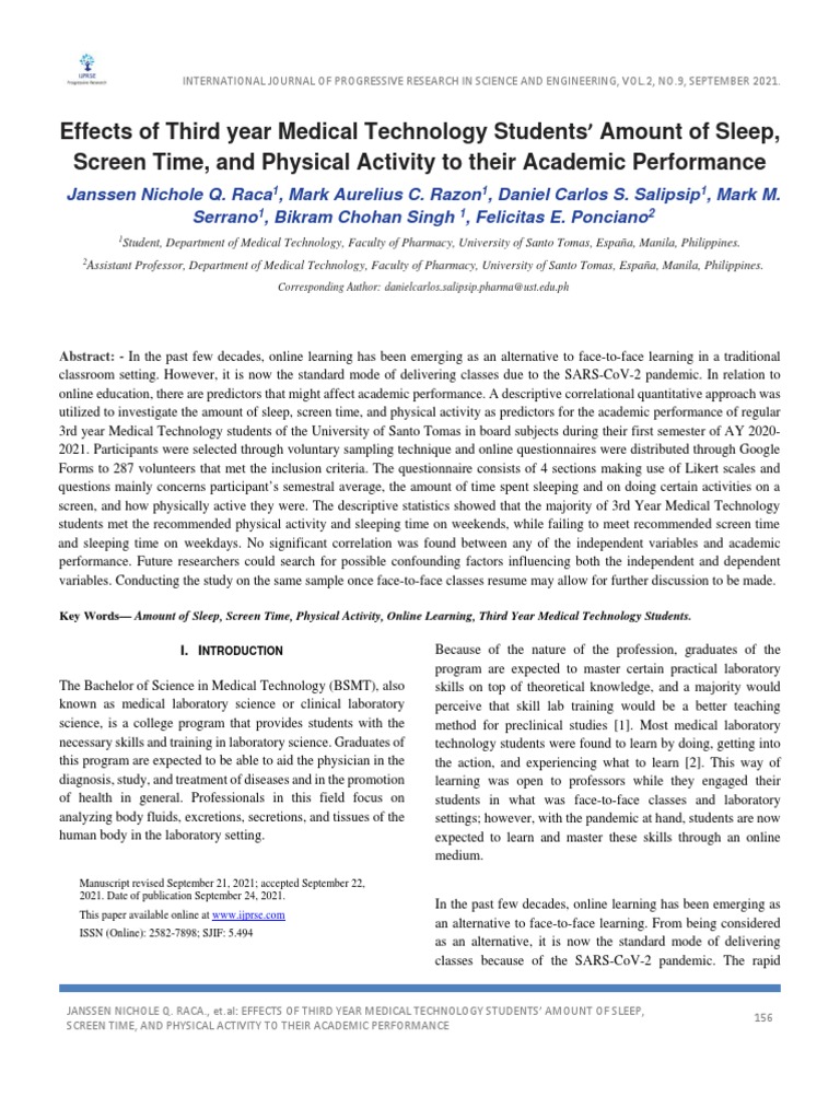 Effects of Third Year Medical Technology Students ' Amount of Sleep, Screen Time, and Physical ...