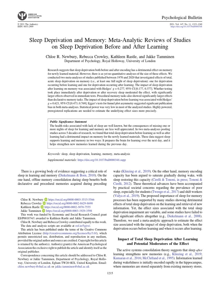 Sleep Deprivation and Memory Meta-Analytic Reviews of Studies On Sleep Deprivation Before and ...