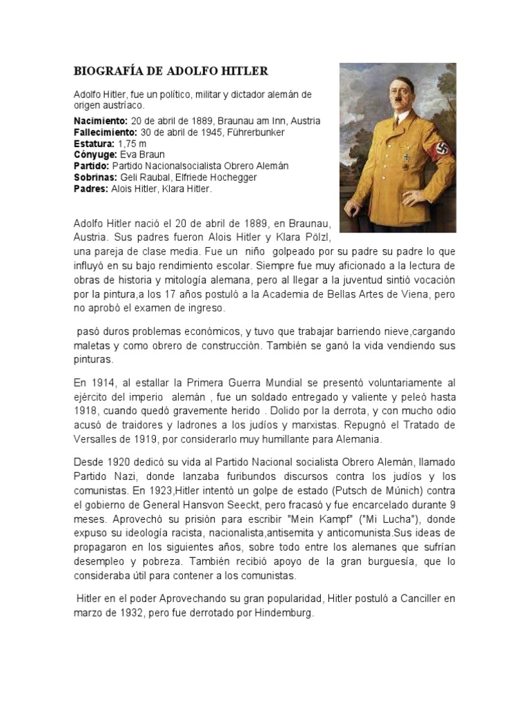 Biografía de Adolfo Hitler: Vida y Muerte | PDF | Adolf Hitler ...