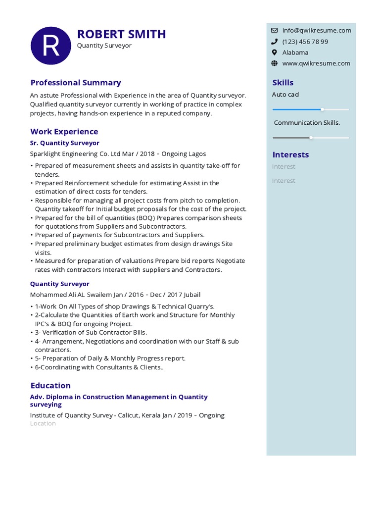 Experienced Quantity Surveyor Resume | PDF | General Contractor ...