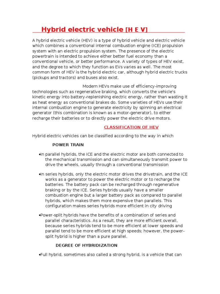 Hybrid Electric Vehicle: Classification of Hev | PDF | Hybrid Electric ...