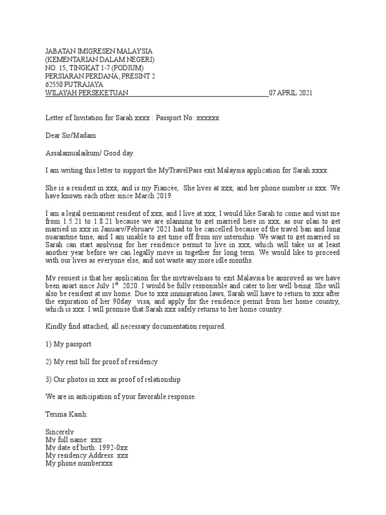 Invitation Letter Mytravelpass | PDF