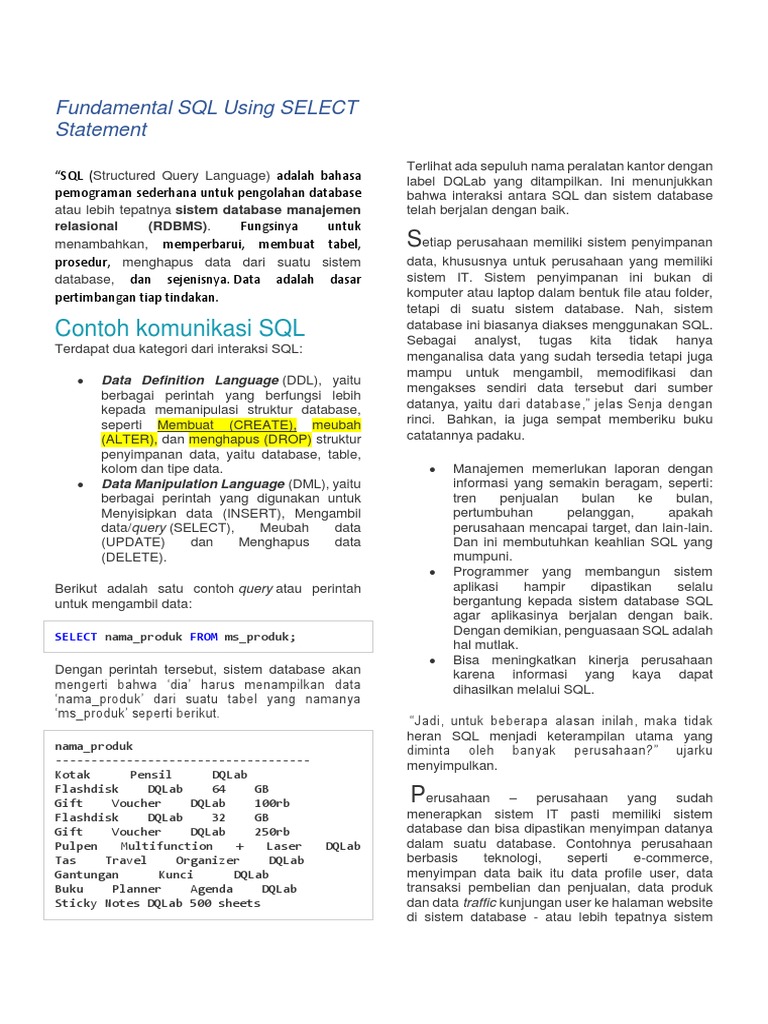 Dasar SQL: Menggunakan Perintah SELECT | PDF | Komputer | Teknologi ...