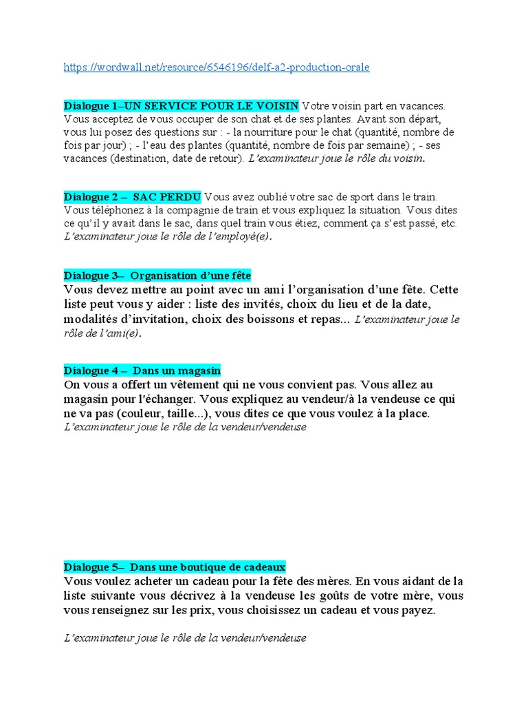 Dialogues pour production orale DELF A2 | PDF | Commerce de détail