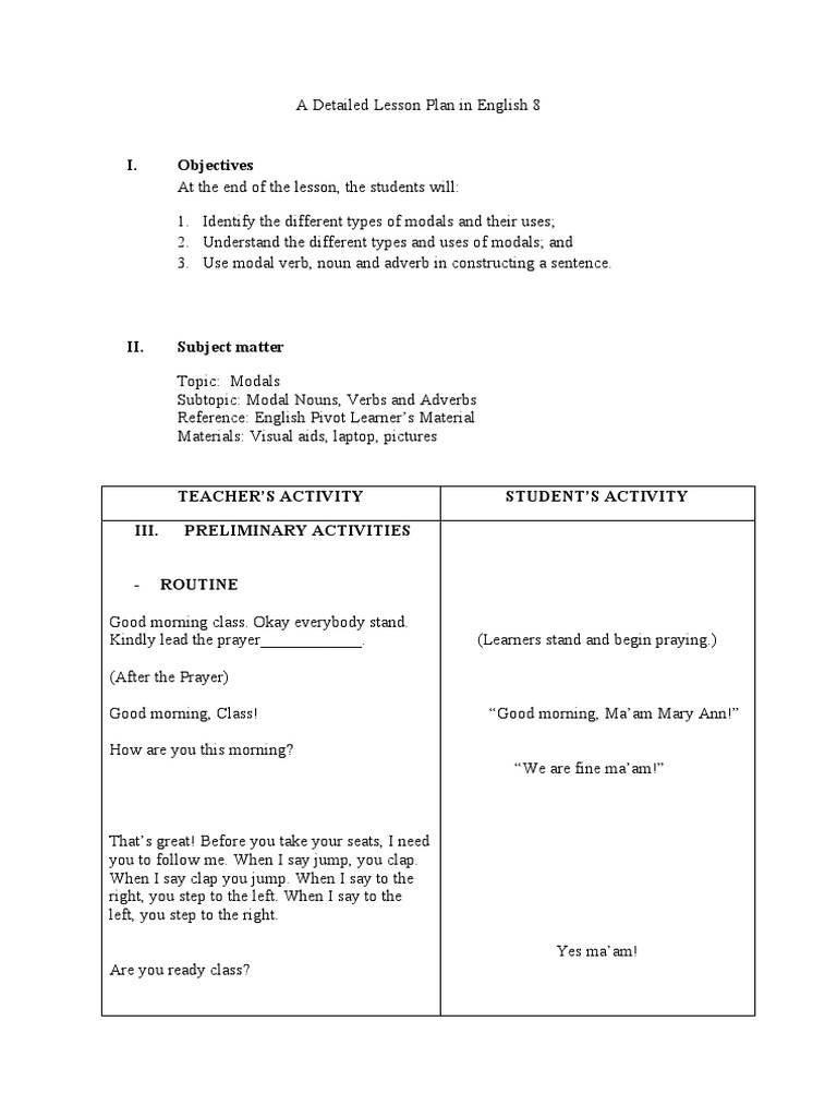 Modal Verbs Detailed Lesson Plan | PDF | Verb | Adverb