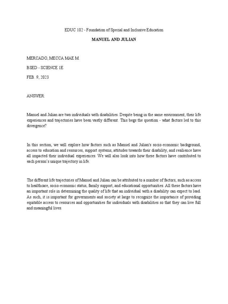 EDUC 102 - Foundation of Special and Inclusive Education | PDF | Self ...