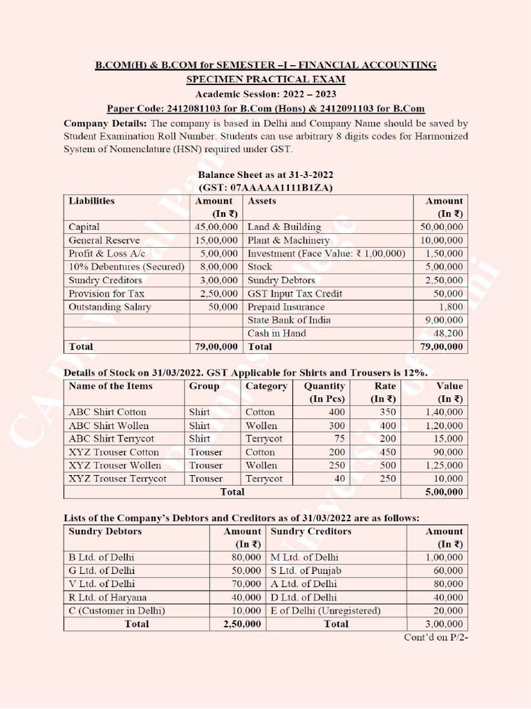 Specimen Tally Paper 2022 2023 | PDF