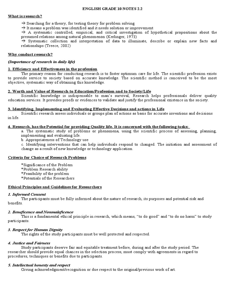 English Grade 10 Notes 2 - Research Introduction | PDF | Knowledge | Theory