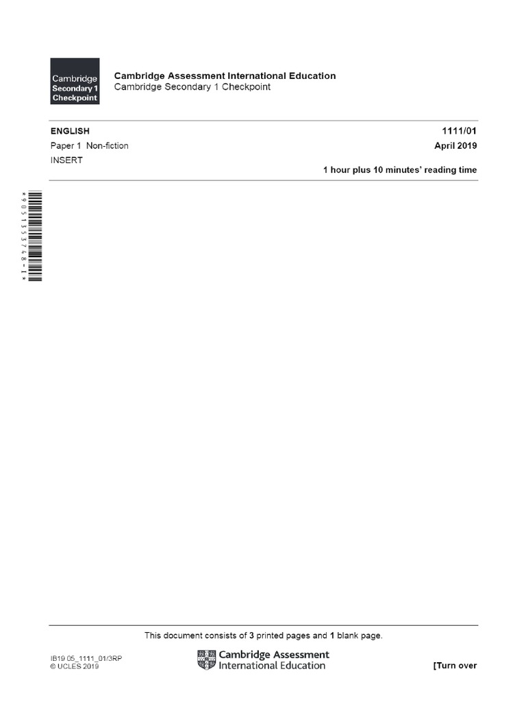 Cambridge Secondary Checkpoint - English (1111) April 2019 Paper 1 Non ...