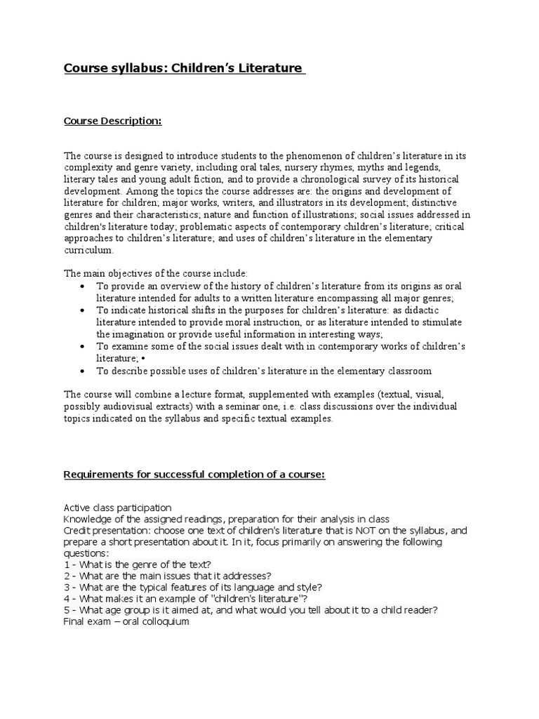 Children's Literature Course Syllabus | PDF | Children's Literature