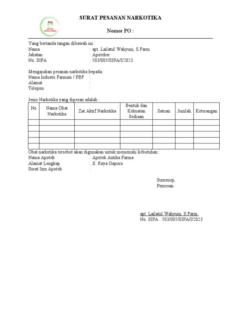 Surat Pesanan Narkotika | PDF