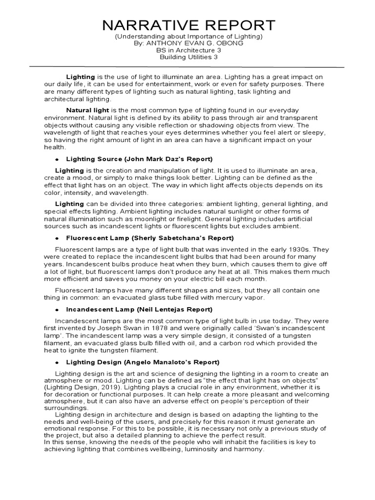 Narrative Report | PDF | Incandescent Light Bulb | Lighting