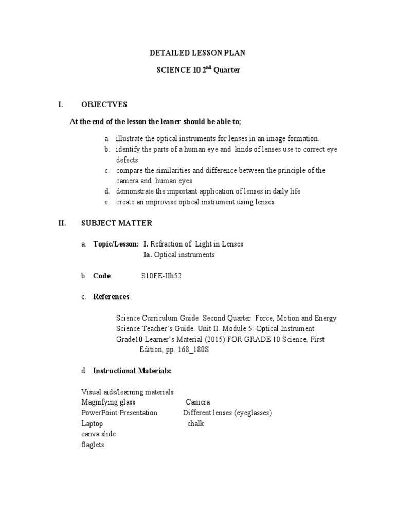 Daily Lesson Plan | PDF | Eye | Optics
