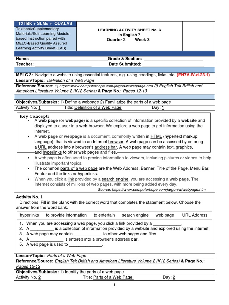 English 7 q2 Las Lesson3 | PDF | World Wide Web | Internet & Web