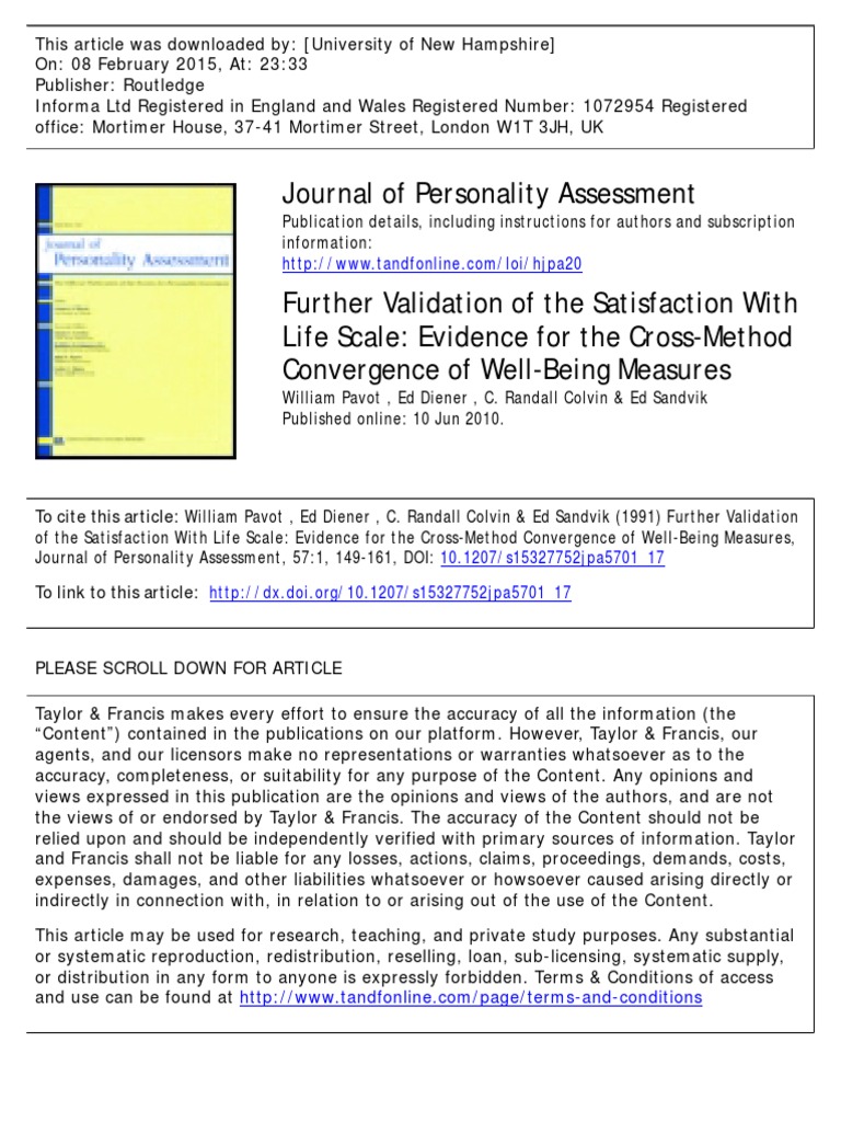 Further Validation of The Satisfaction With Life Scale: Evidence For ...