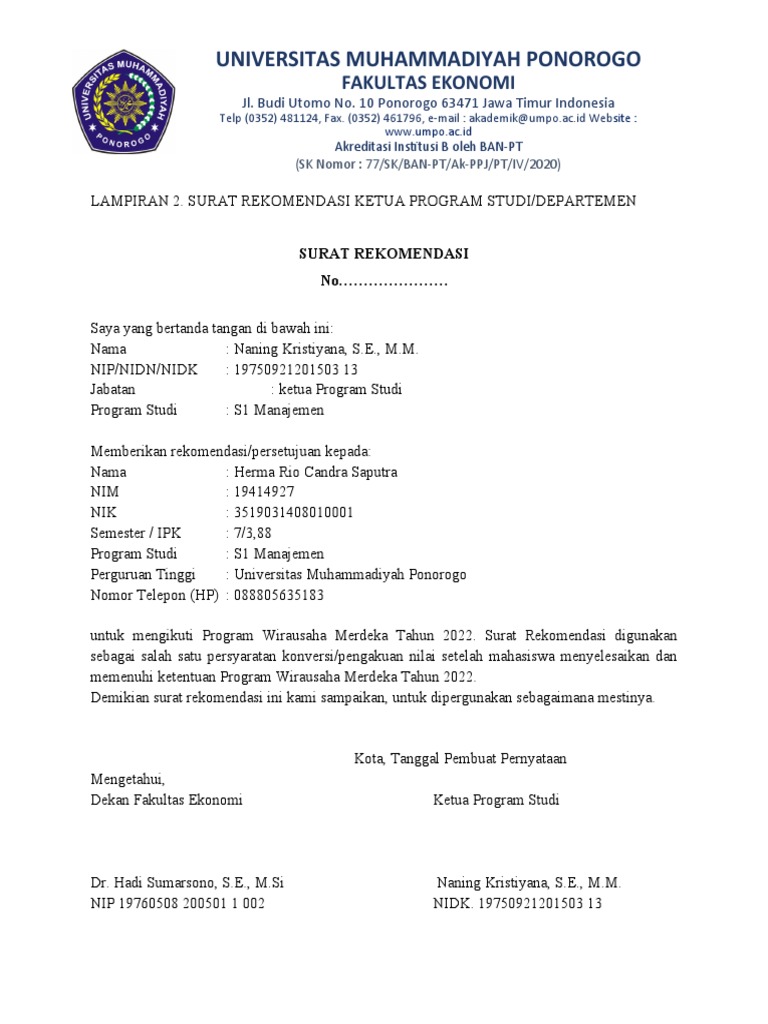 SURAT REKOMENDASI (Ketua Program Studi Dan Pimpinan Perguruan Tinggi ...