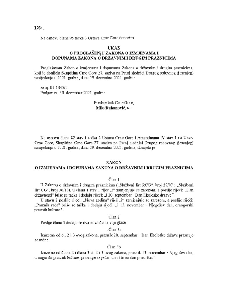 Zakon o Izmjenama I Dopunama Zakona o Državnim I Drugim Praznicima | PDF