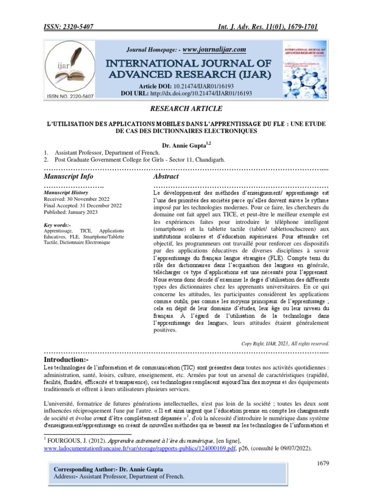 The Use of Mobile Applications in Fle Learning: A Case Study of Electronic Dictionaries | PDF ...