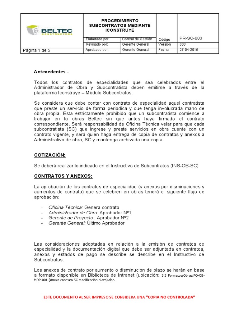 PROCEDIMIENTO DE SUBCONTRATOS Rev. 1 V003 | PDF | Factura