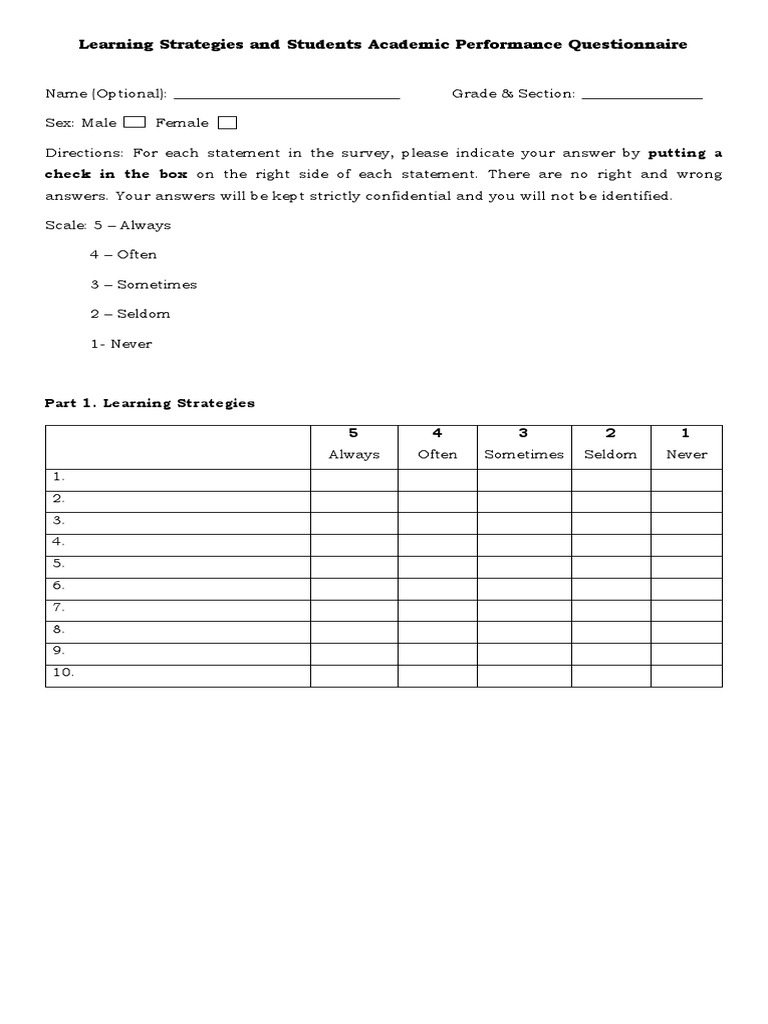Learning Strategies and Students Academic Performance Questionnaire ...