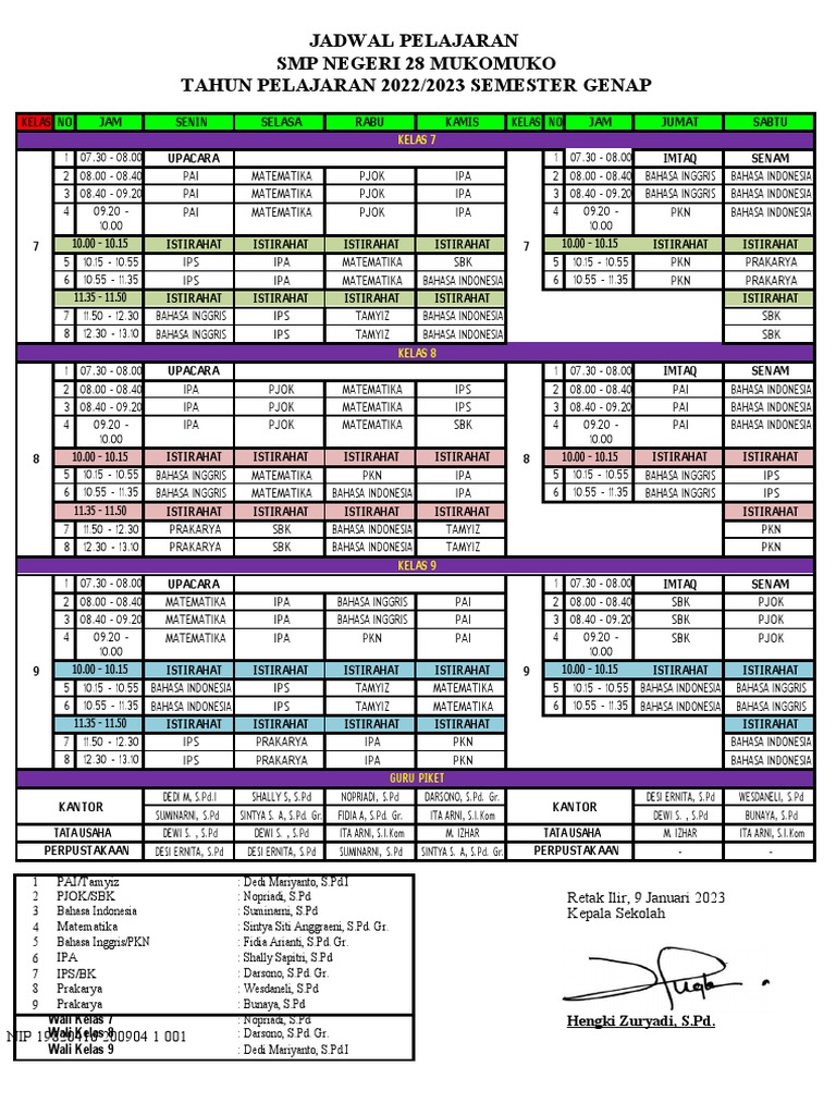 JADWAL PELAJARAN Semester 2 2022-2023 A4 | PDF