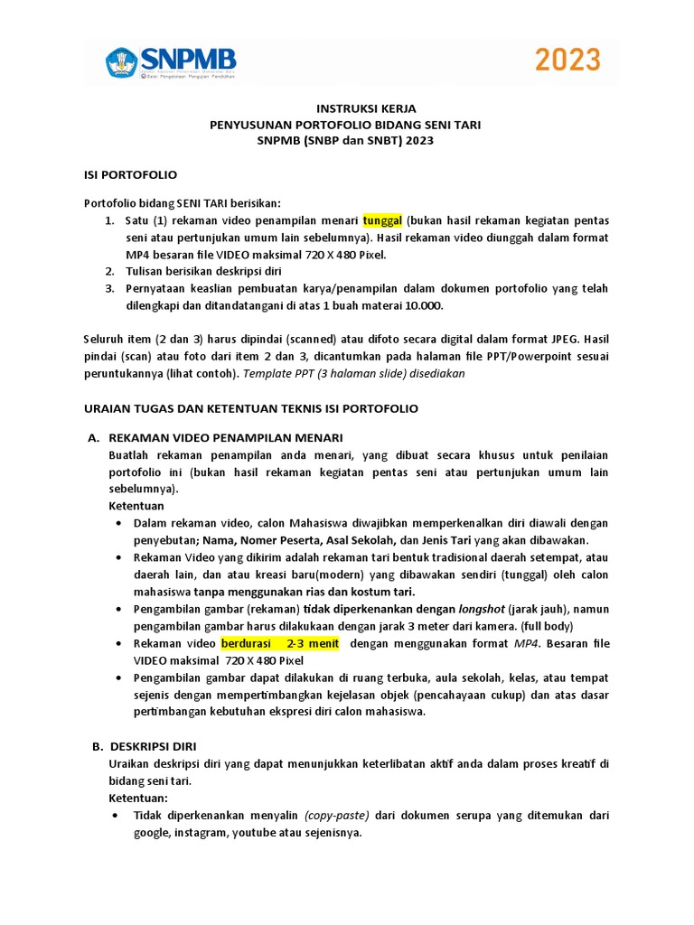 00 Instruksi Kerja Porto Seni Tari (SNPMB 2023) | PDF