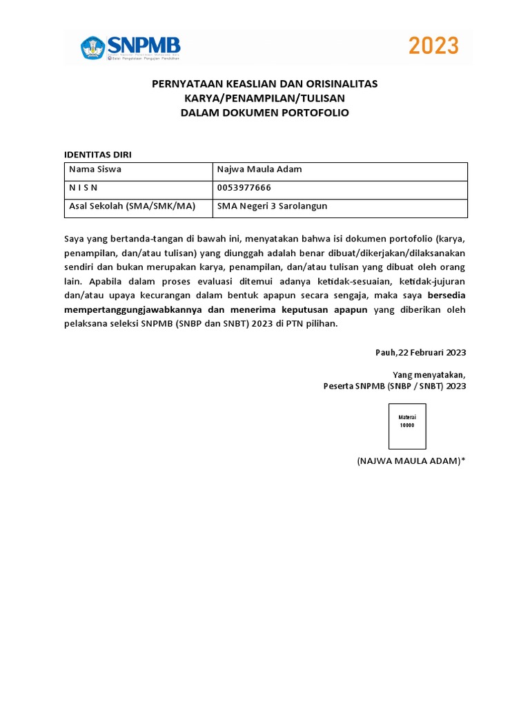 01 Template Pernyataan Keaslian Dan Orisinalitas Karya SNPMB 2023 | PDF